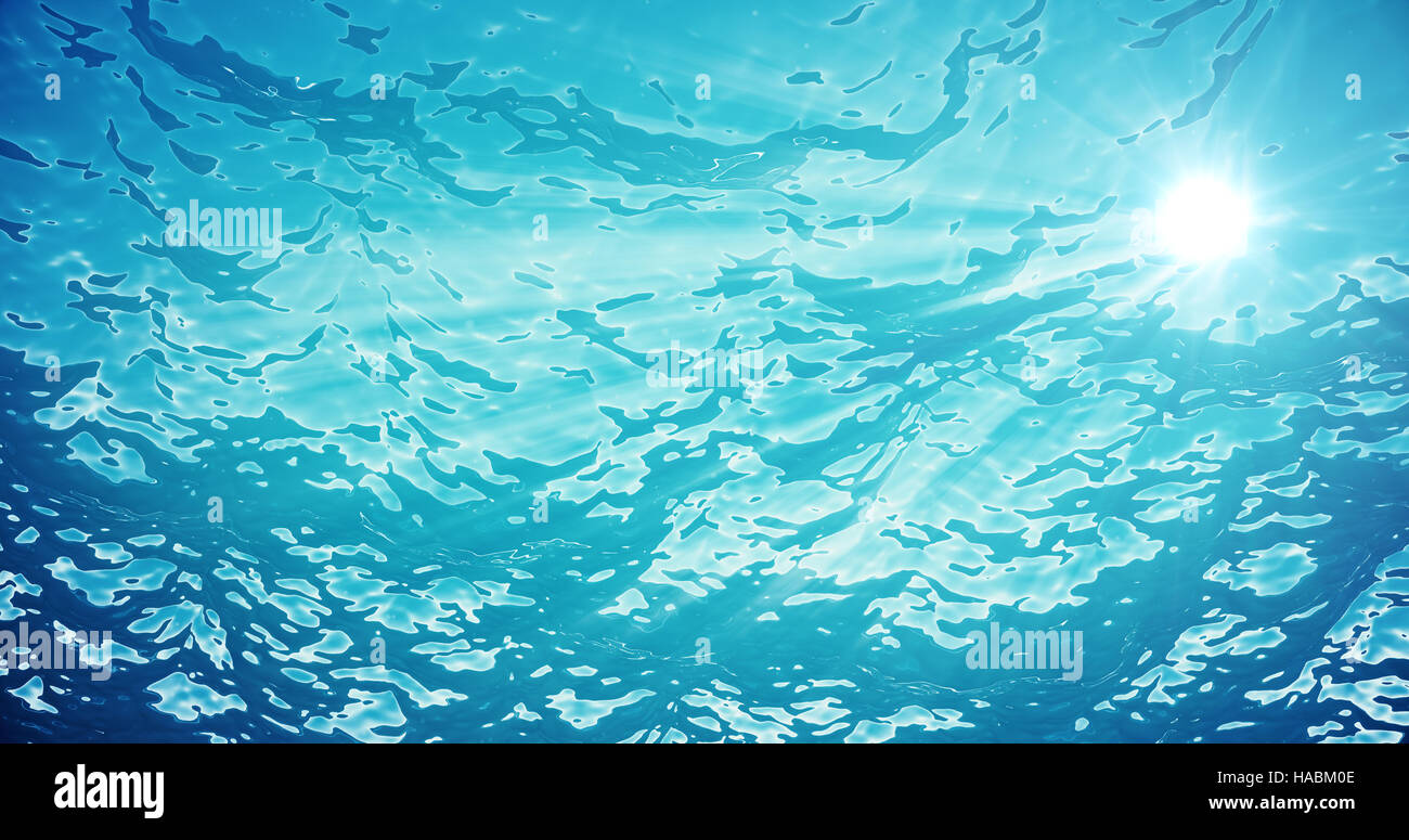 rendering underwater sea, ocean surface with light rays, high ...