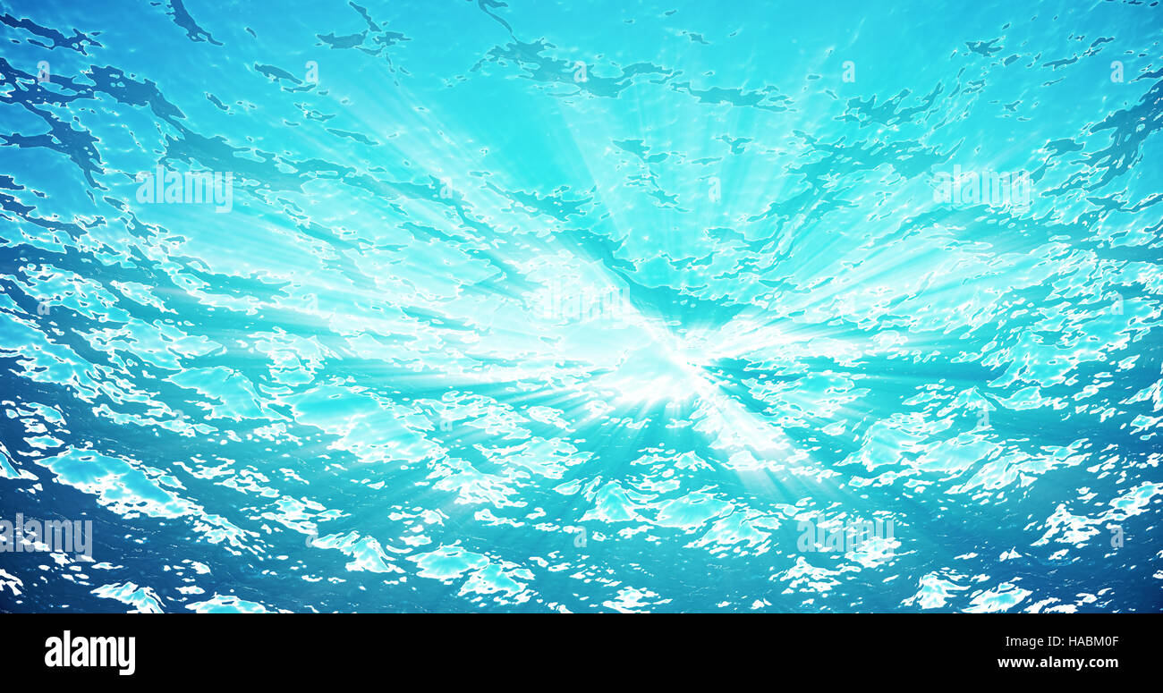 rendering underwater sea, ocean surface with light rays, high ...
