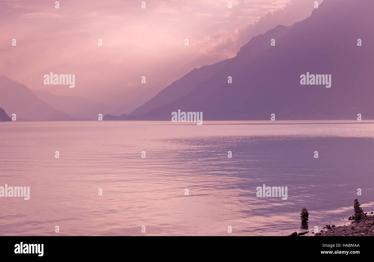 swiss lake at sunset in brienz, Switzerland Stock Photo - Alamy