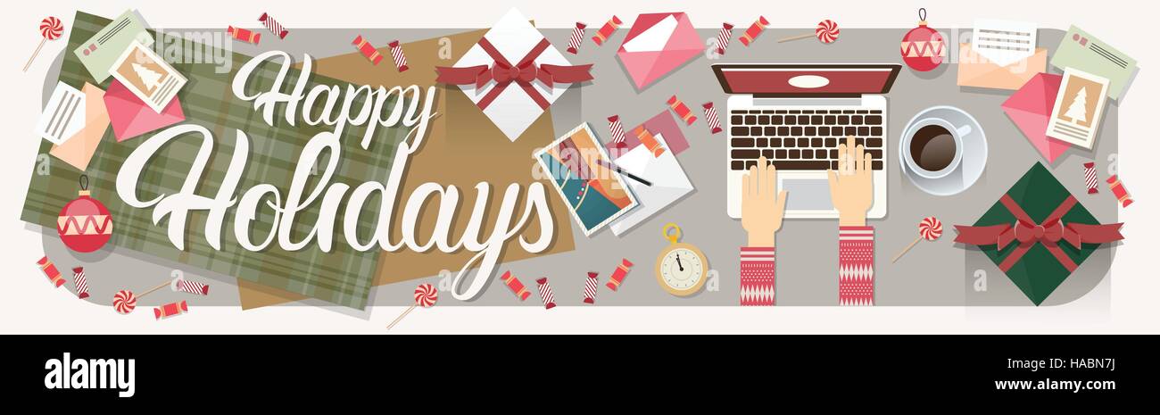 Hands Hold Laptop Computer Typing New Year Merry Christmas Decoration ...