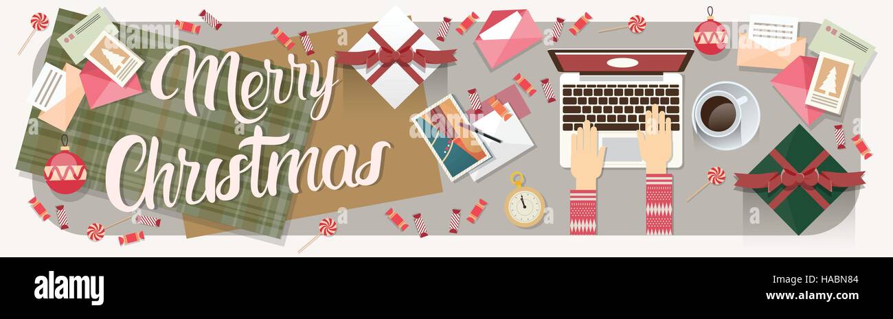 Hands Hold Laptop Computer Typing New Year Merry Christmas Decoration ...