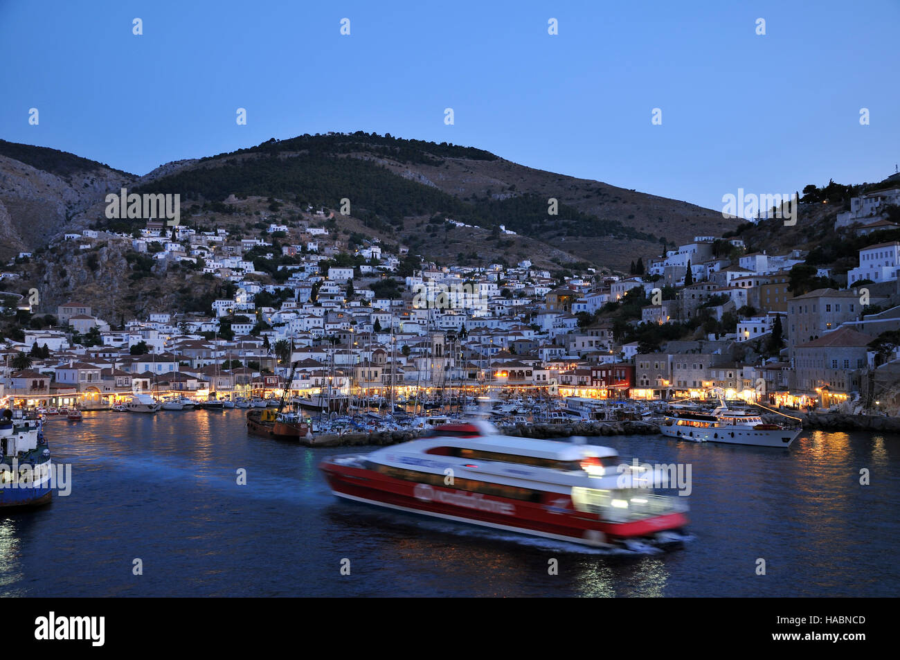 Hydra town during dusk time, Hydra island, Greece Stock Photo - Alamy