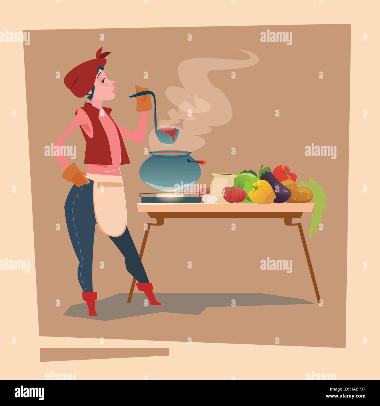 Farmer Country Woman Cooking Dinner Cartoon Character Stock Vector ...