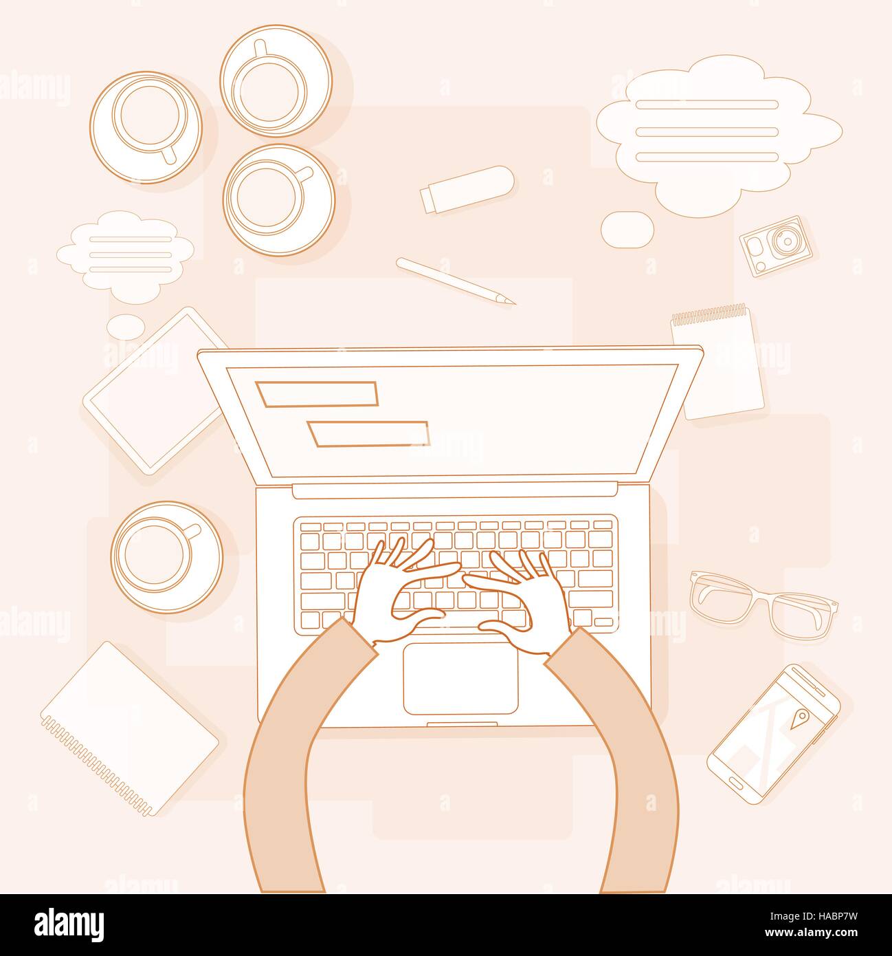 Business Workplace Desk Hands Working Laptop Top View Thin Line Stock ...
