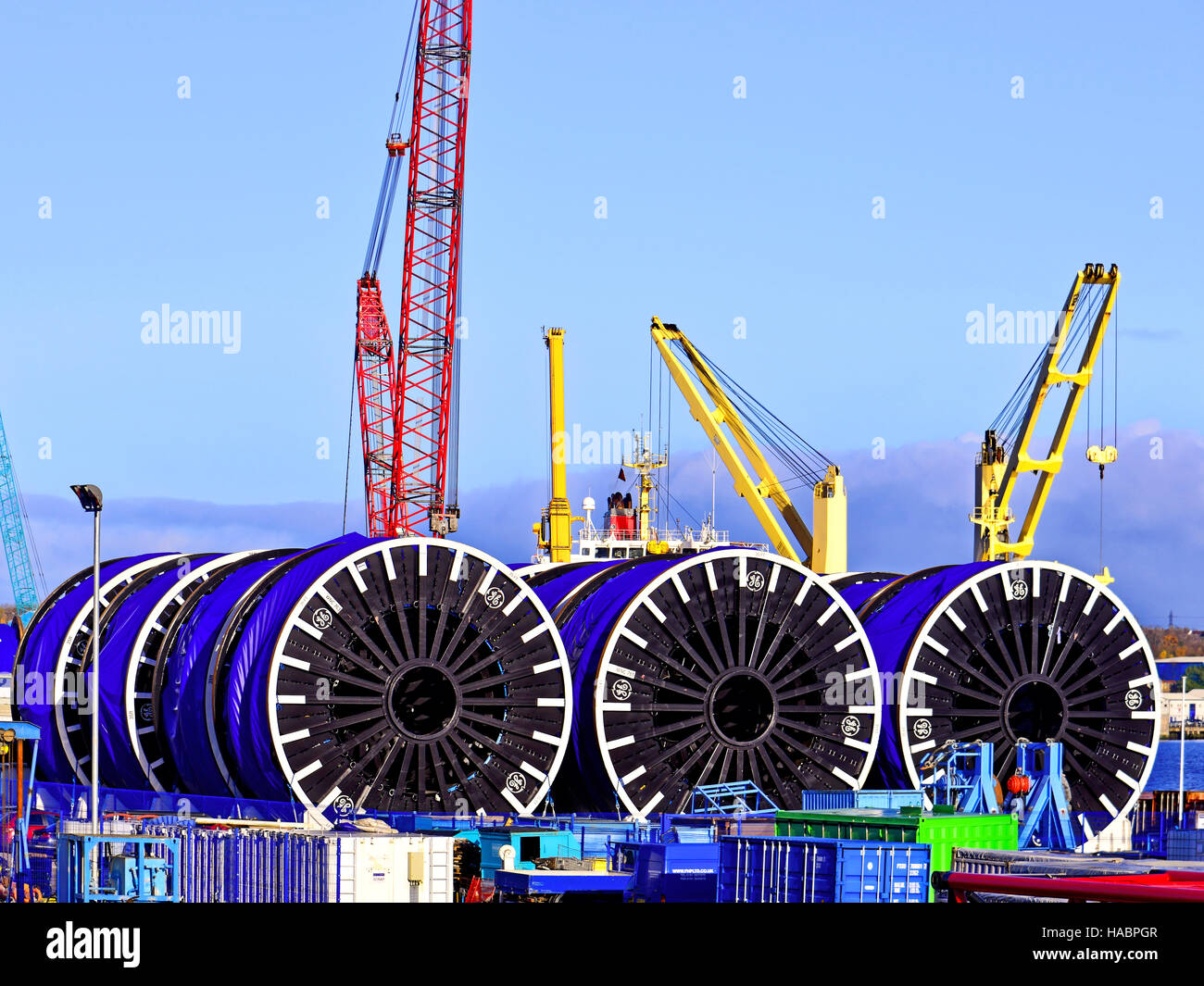 Newcastle Walker riverside Wellstream giant pipe reels being loaded ...