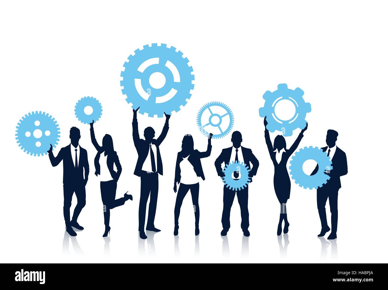 Business People Team Hold Cogwheel Crowd Silhouette Businesspeople ...