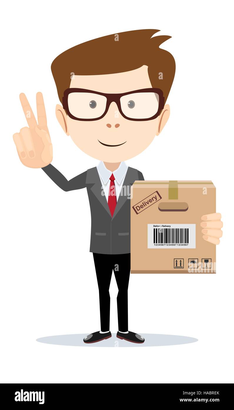 delivery service man with box shows sign of victory Stock Vector Image ...