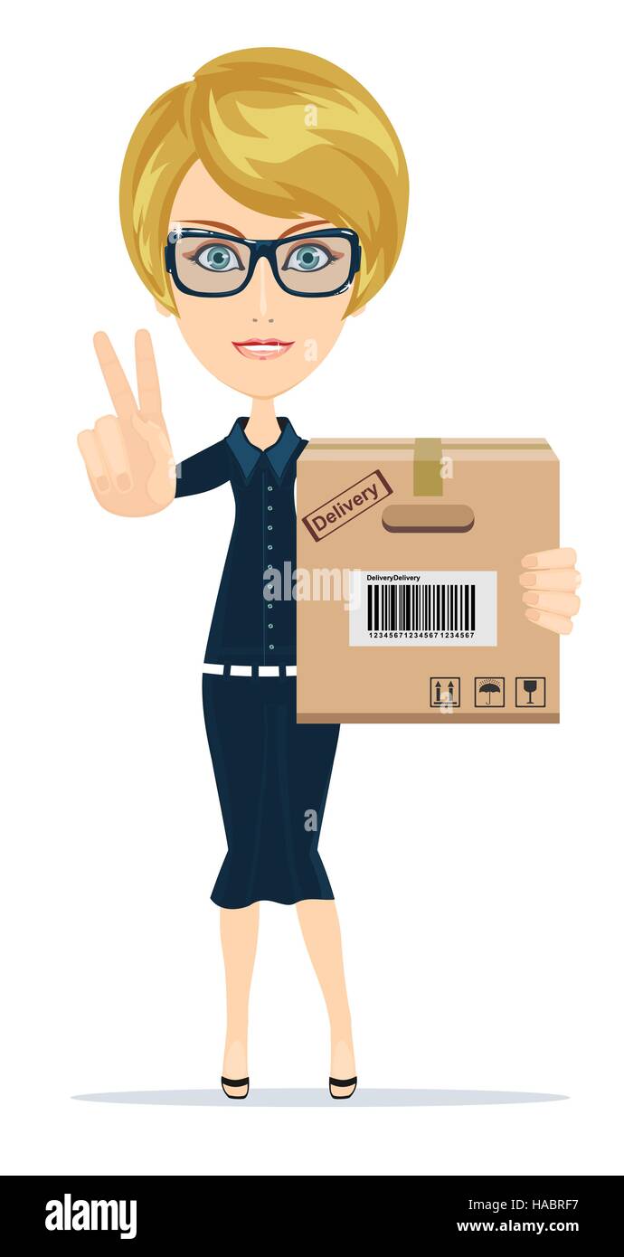 delivery service woman with box shows sign of victory Stock Vector ...