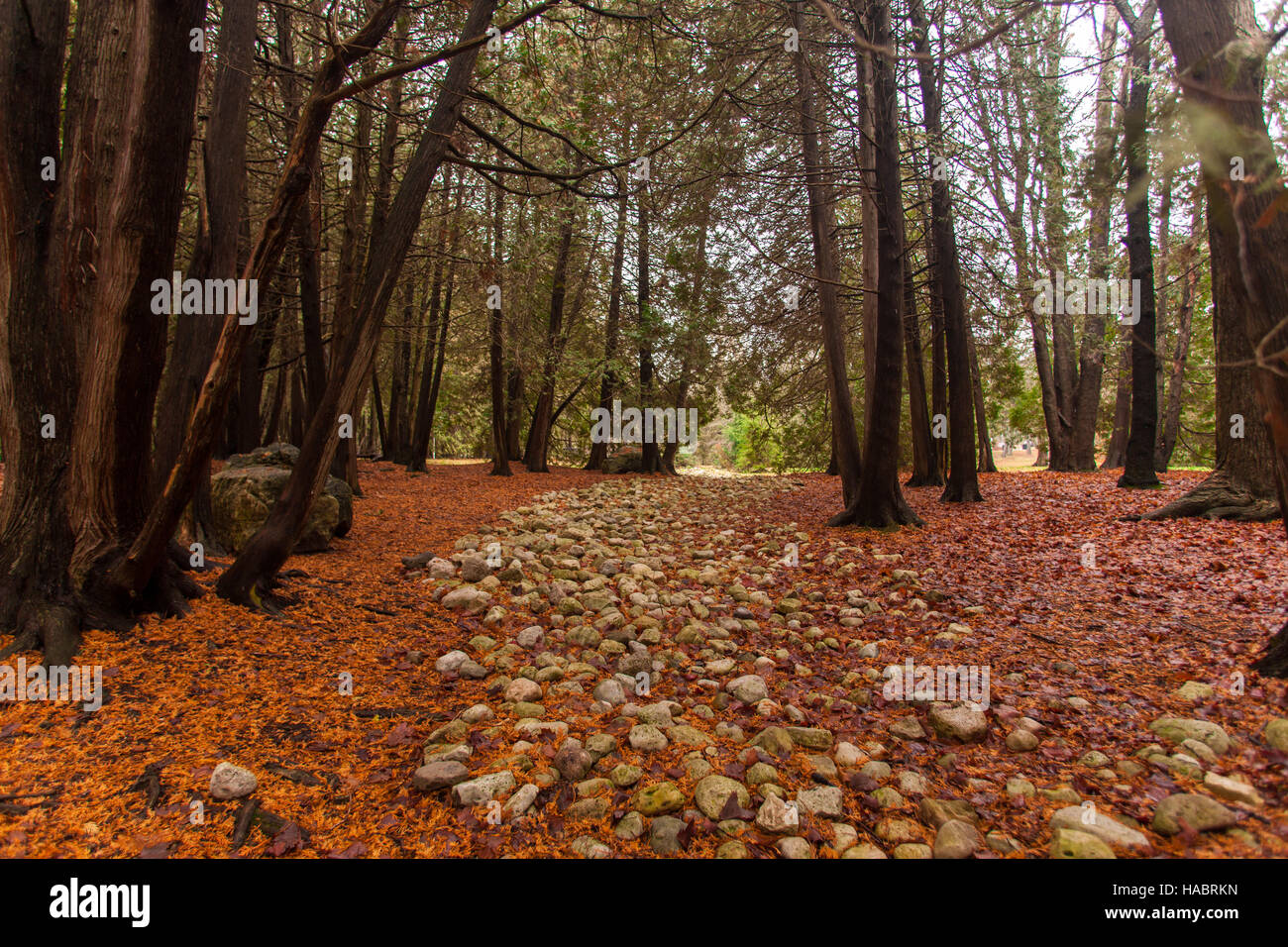 Stones mark the path into a park overlooking the gorge and the river ...
