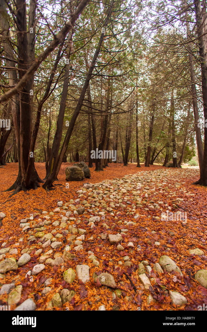 Stones mark the path into a park overlooking the gorge and the river ...