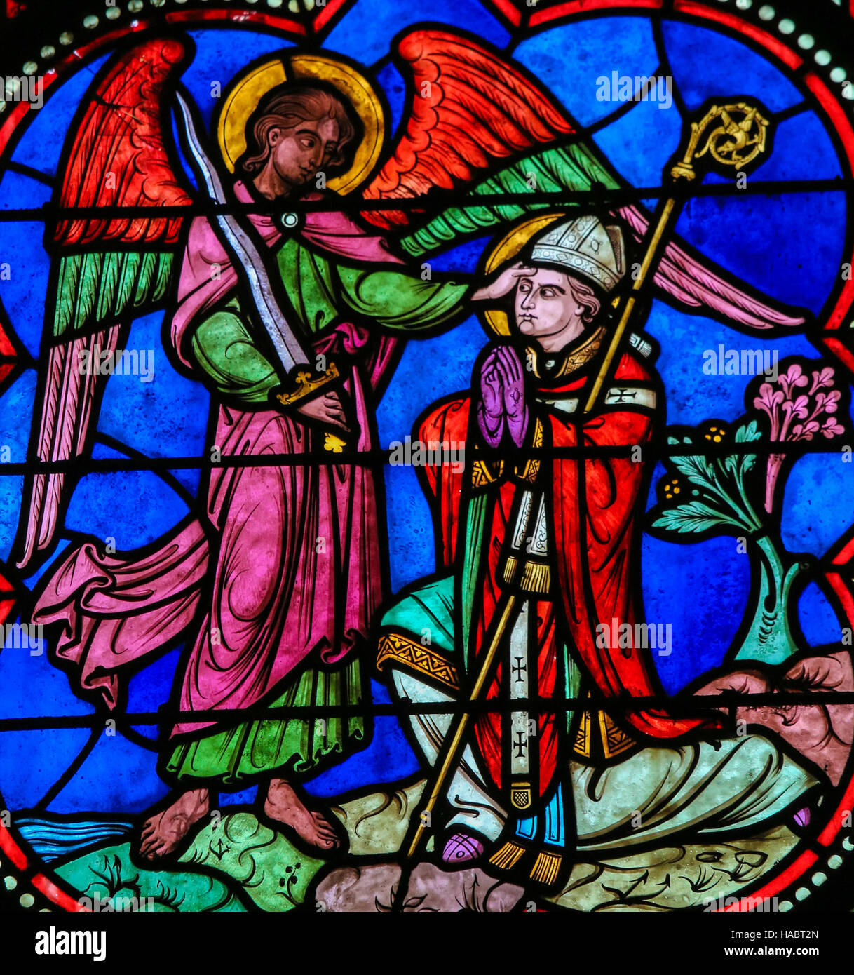 Stained Glass window in the Cathedral of Bayeux, France, depicting the ...