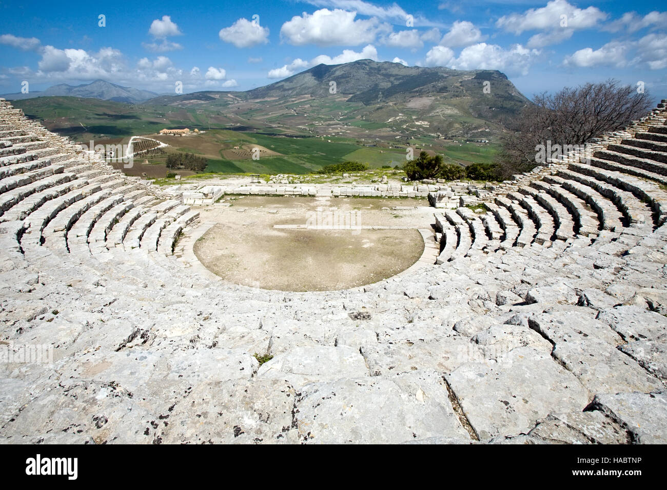 ancient Greek stone theatre ruins view on scenic panorama background ...