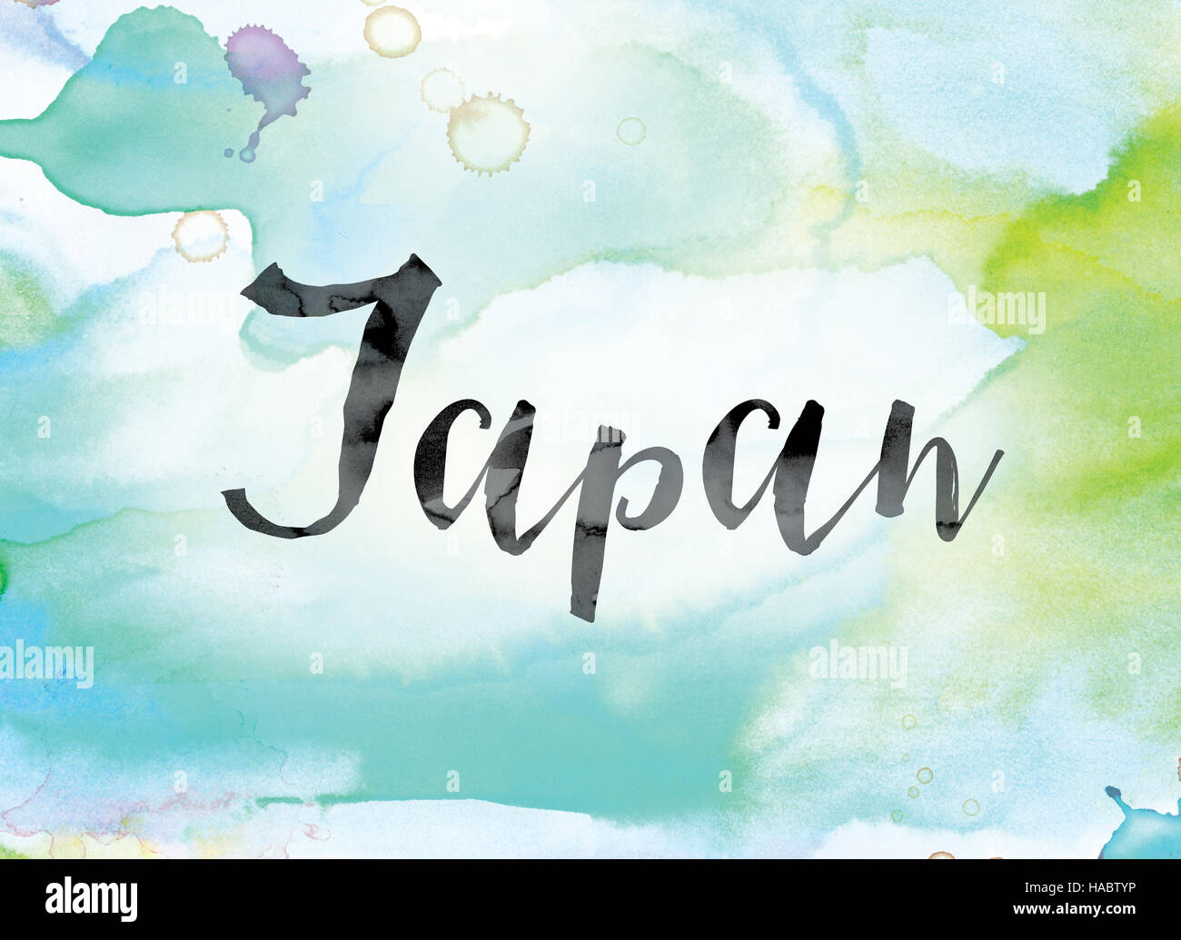 The word "Japan" painted in black ink over a colorful watercolor washed ...