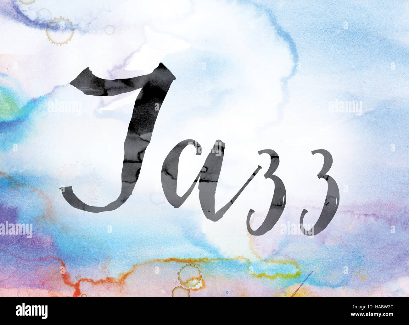 The word "Jazz" painted in black ink over a colorful watercolor washed ...