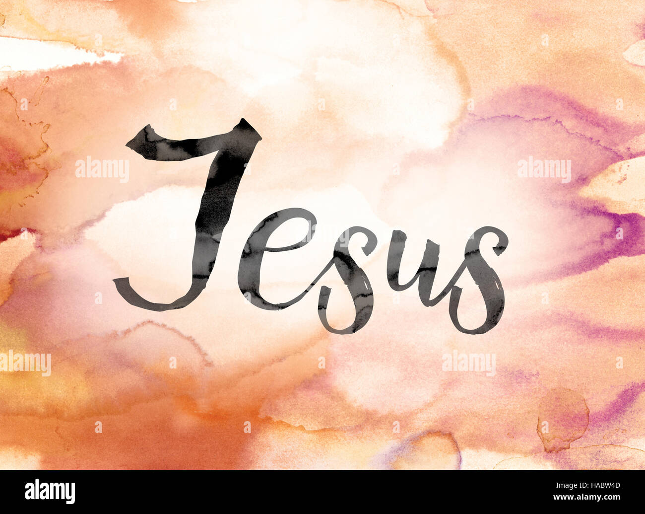The word "Jesus" painted in black ink over a colorful watercolor washed ...