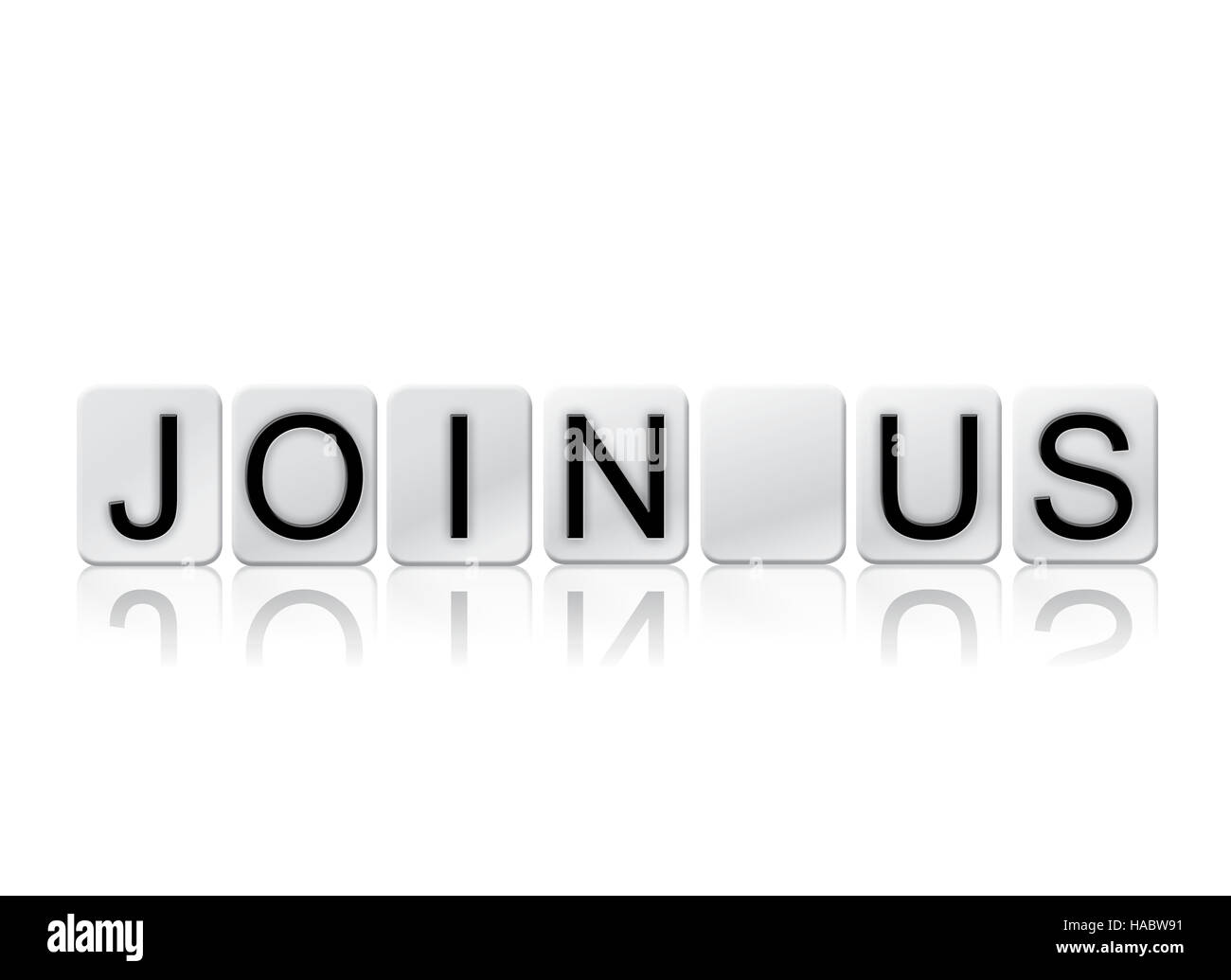 The word "Join Us" written in tile letters isolated on a white ...