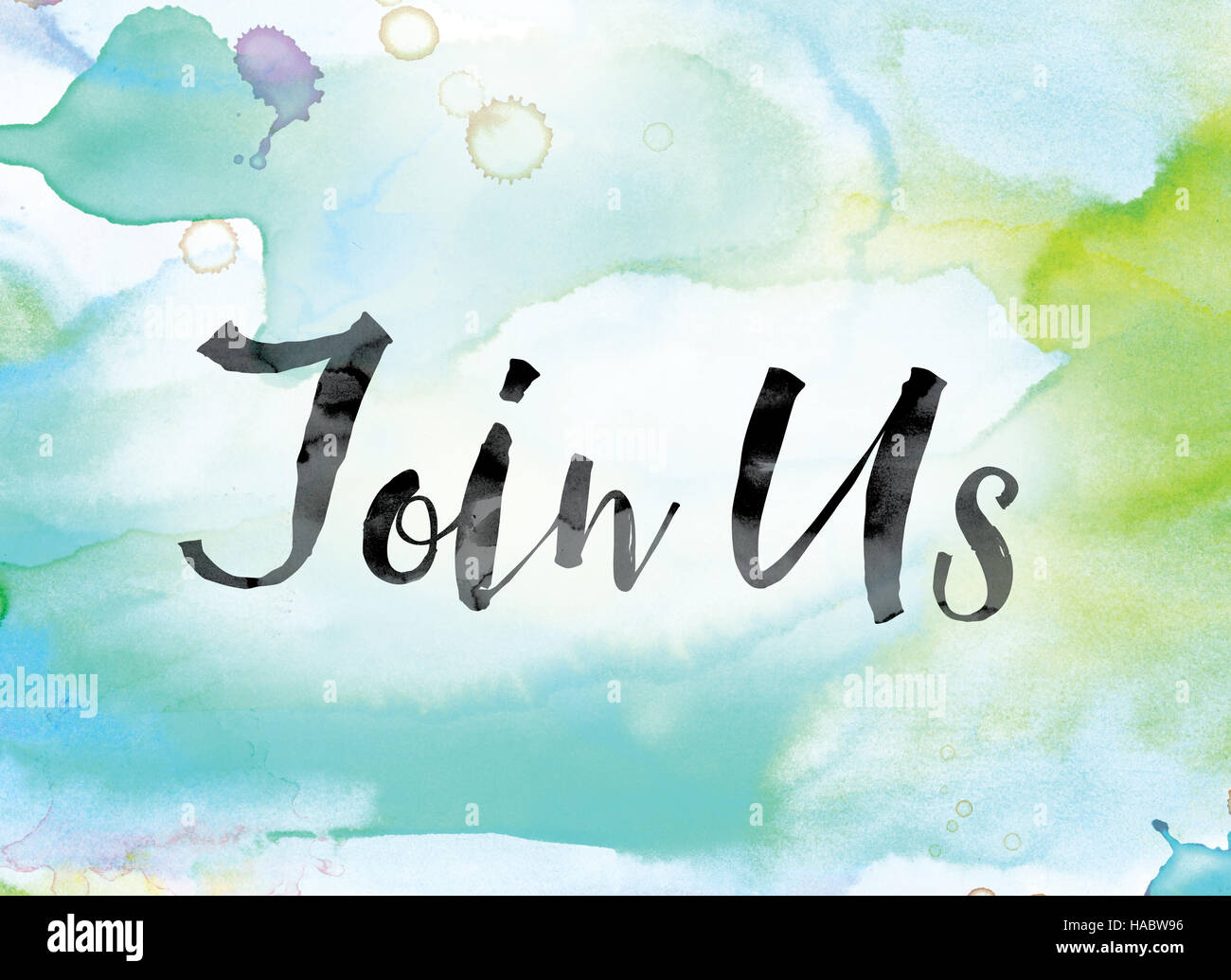 The word "Join Us" painted in black ink over a colorful watercolor ...