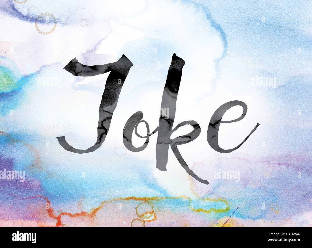 The word "Joke" painted in black ink over a colorful watercolor washed ...