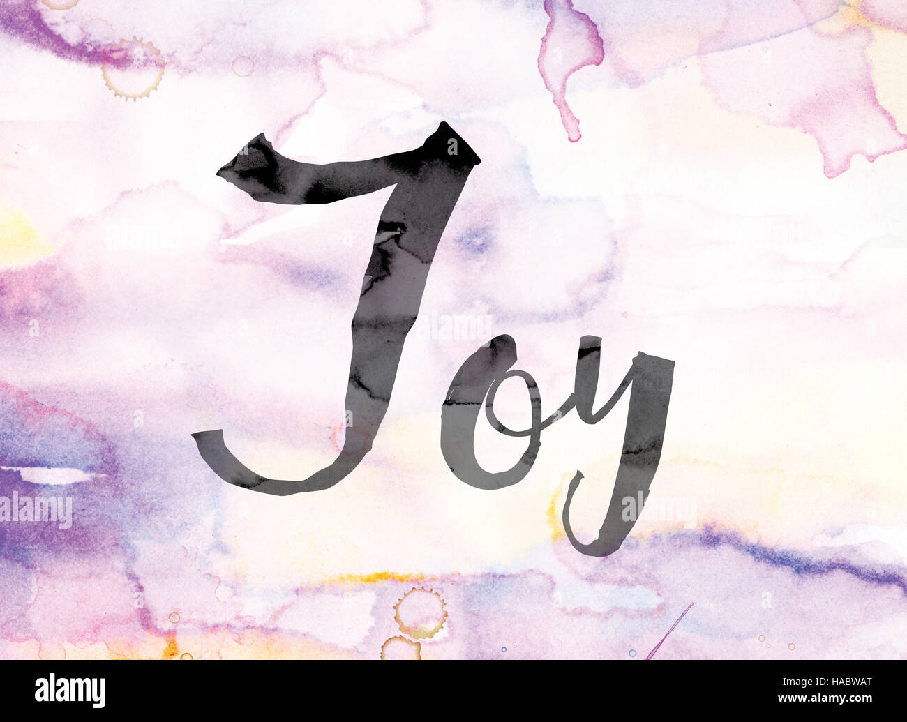 The word "Joy" painted in black ink over a colorful watercolor washed ...