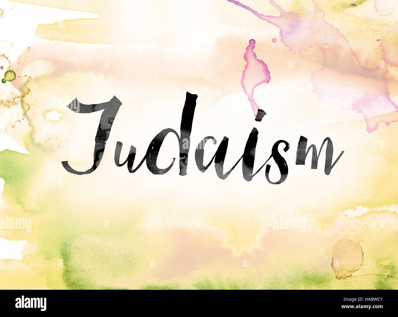 The word "Judaism" painted in black ink over a colorful watercolor ...
