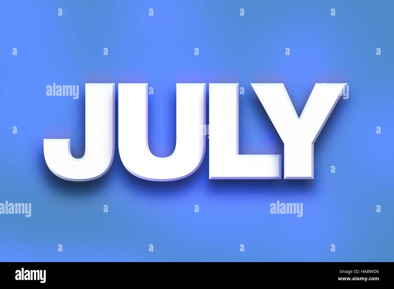 The word "July" written in white 3D letters on a colorful background ...