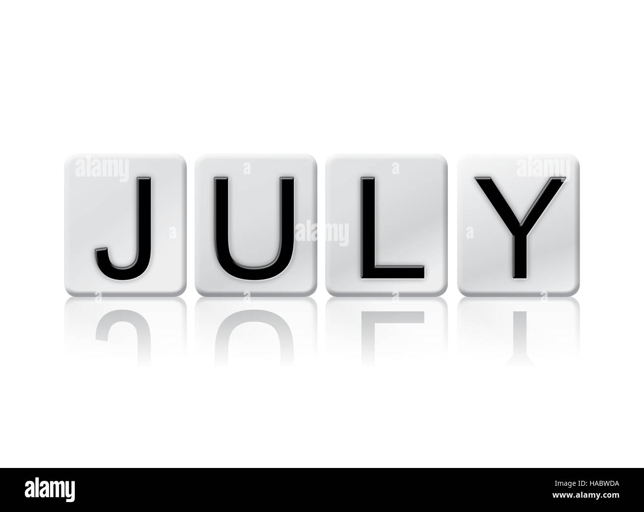 The word "July" written in tile letters isolated on a white background ...