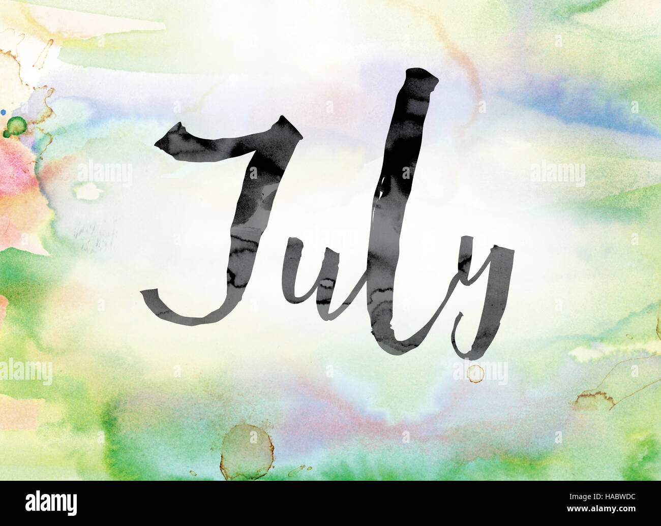 The word "July" painted in black ink over a colorful watercolor washed ...