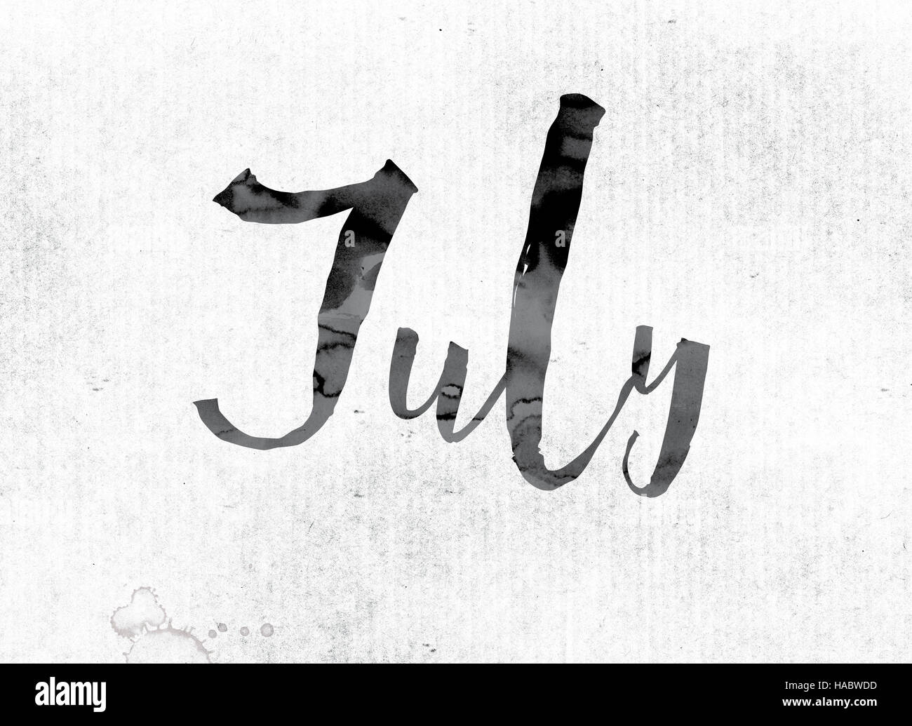 The word "July" concept and theme painted in watercolor ink on a white ...