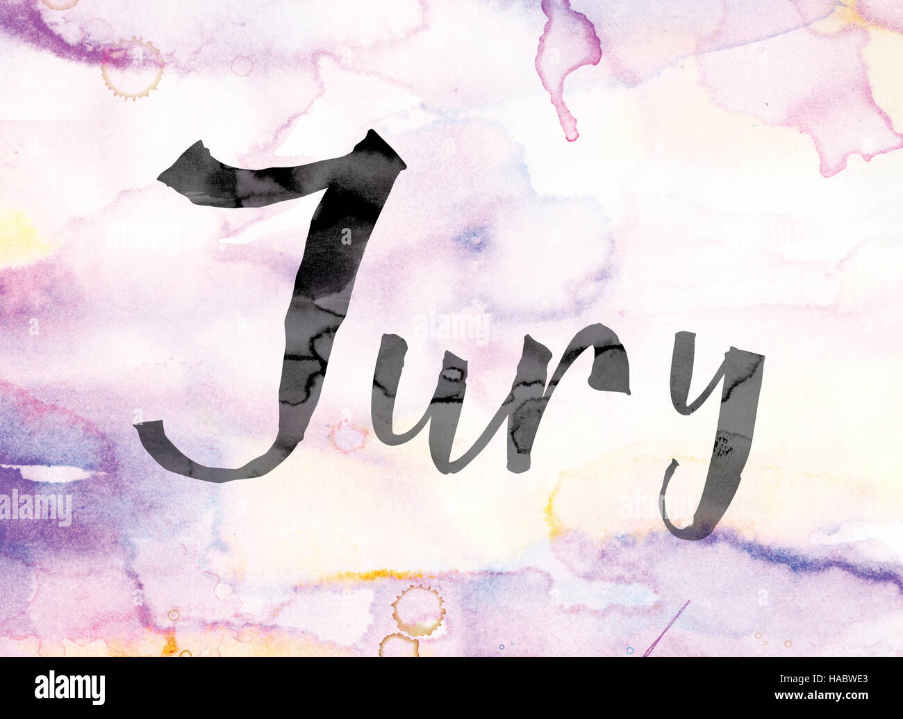 The word "Jury" painted in black ink over a colorful watercolor washed ...