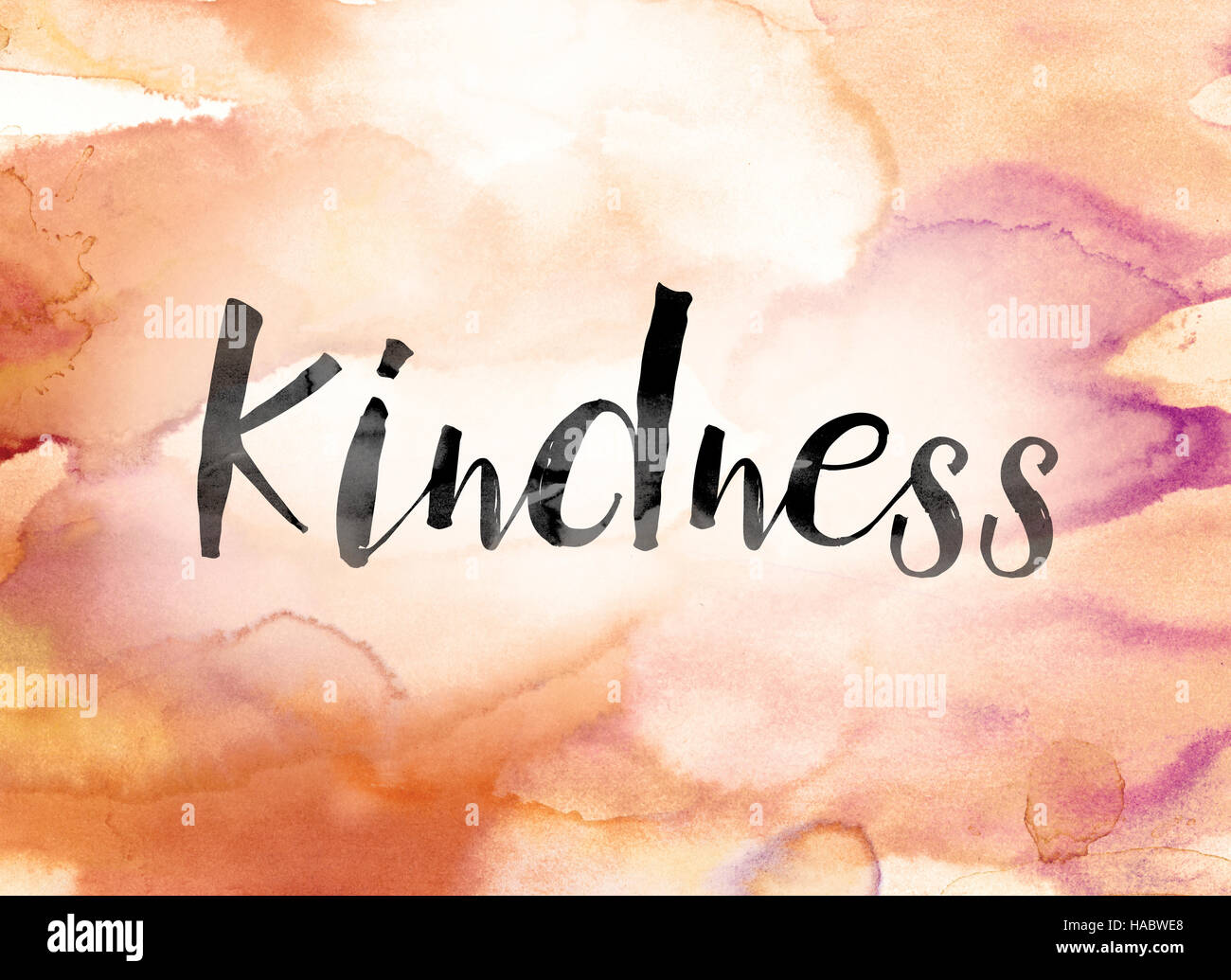 The word "Kindness" painted in black ink over a colorful watercolor ...