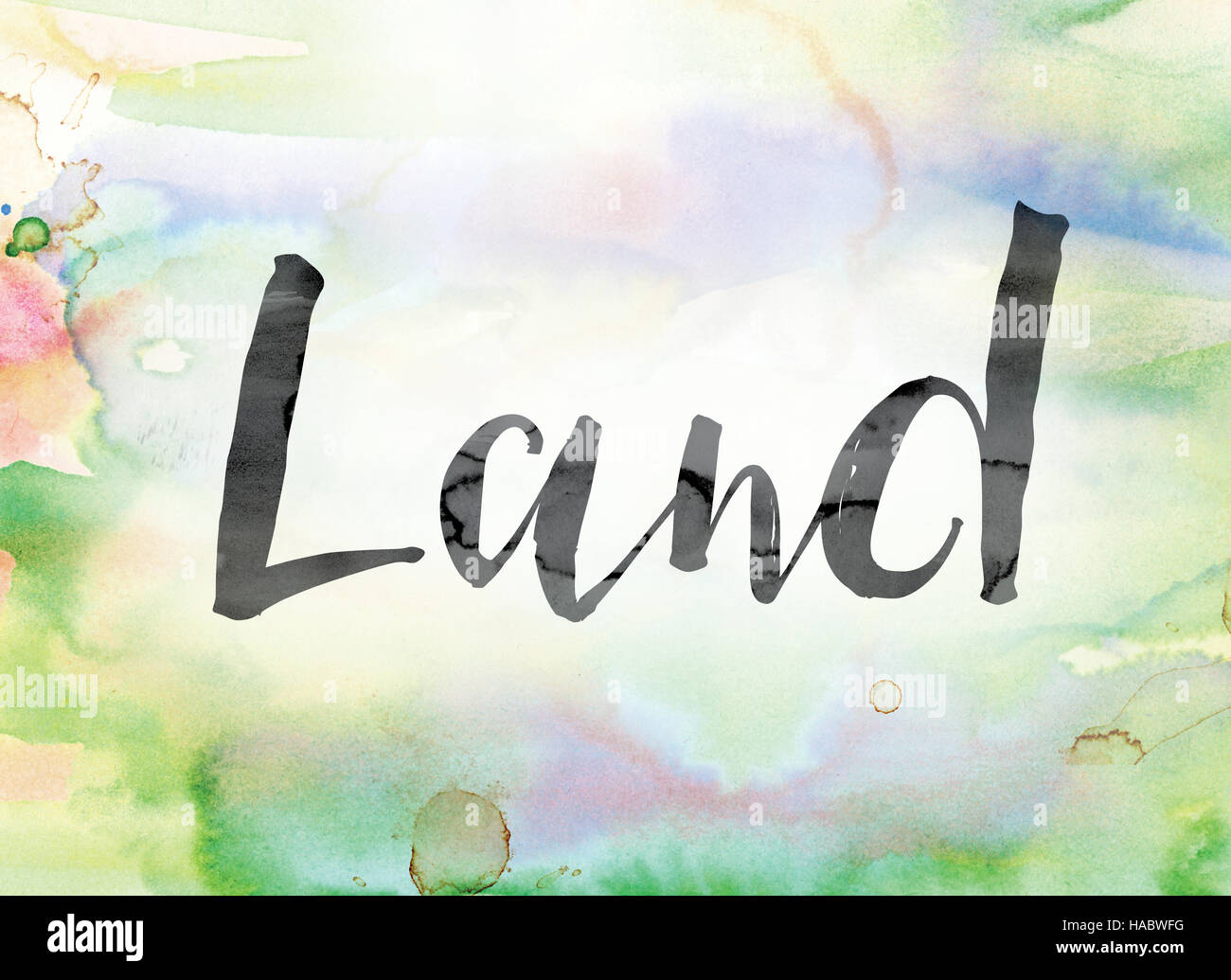 The word "Land" painted in black ink over a colorful watercolor washed ...