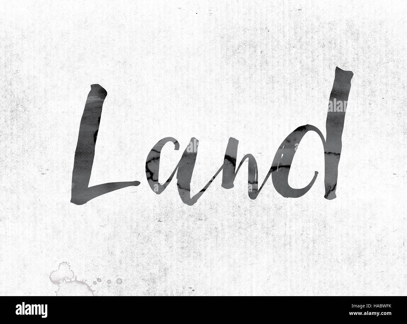 The word "Land" concept and theme painted in watercolor ink on a white ...