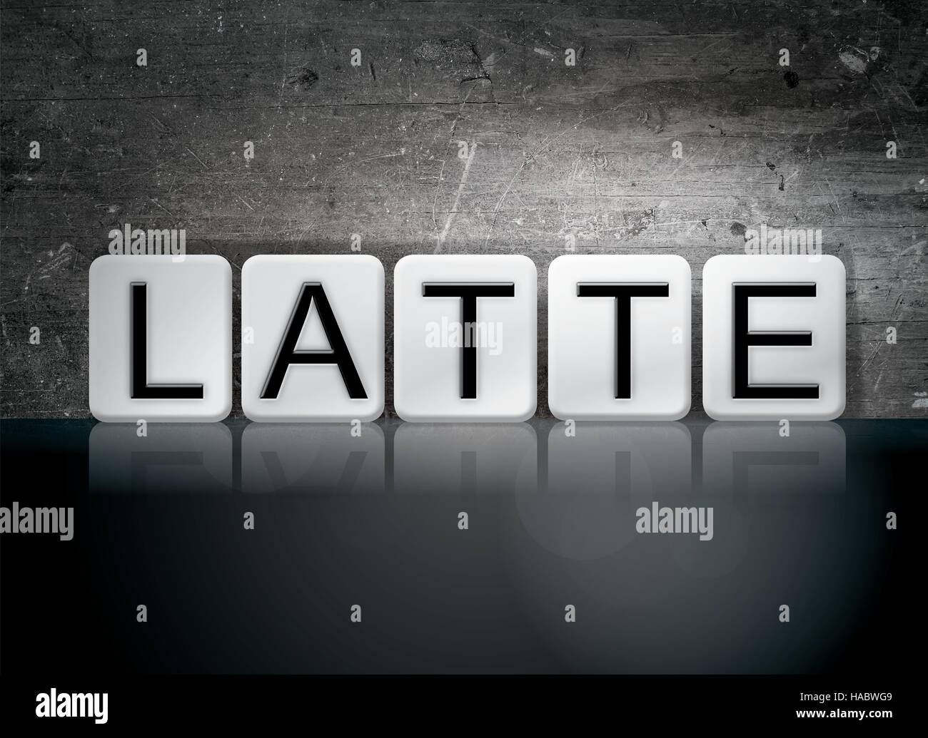 The word "Latte" written in white tiles against a dark vintage grunge ...