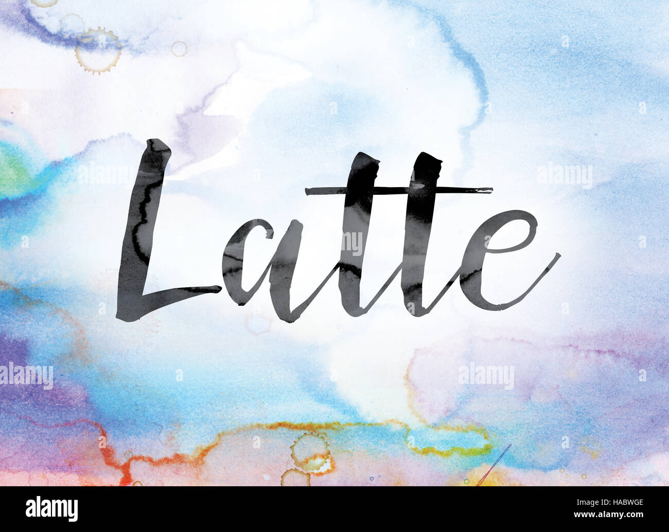 The word "Latte" painted in black ink over a colorful watercolor washed ...