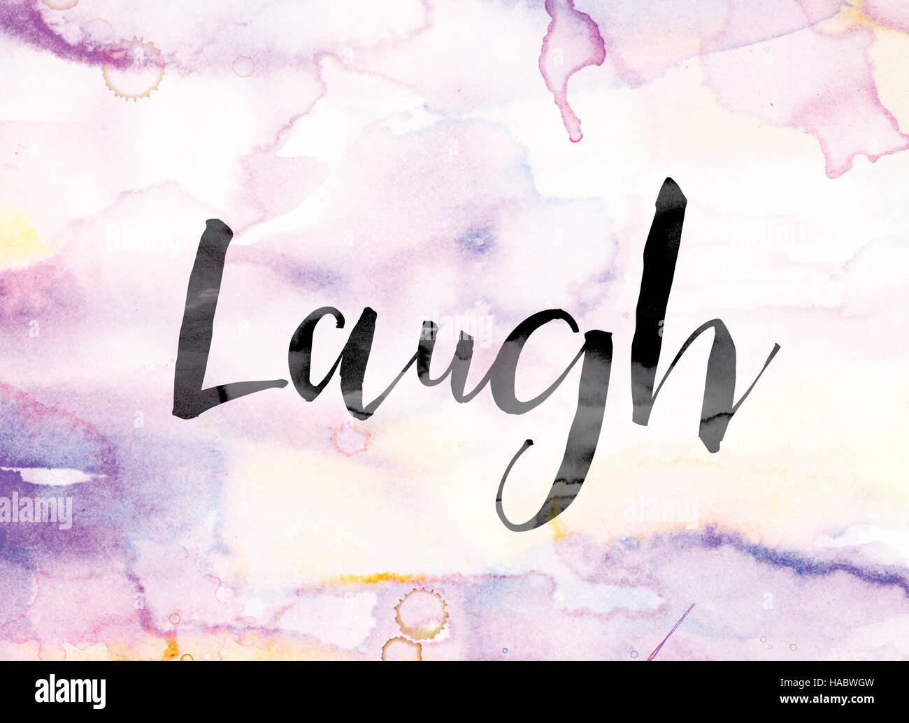 The word "Laugh" painted in black ink over a colorful watercolor washed ...