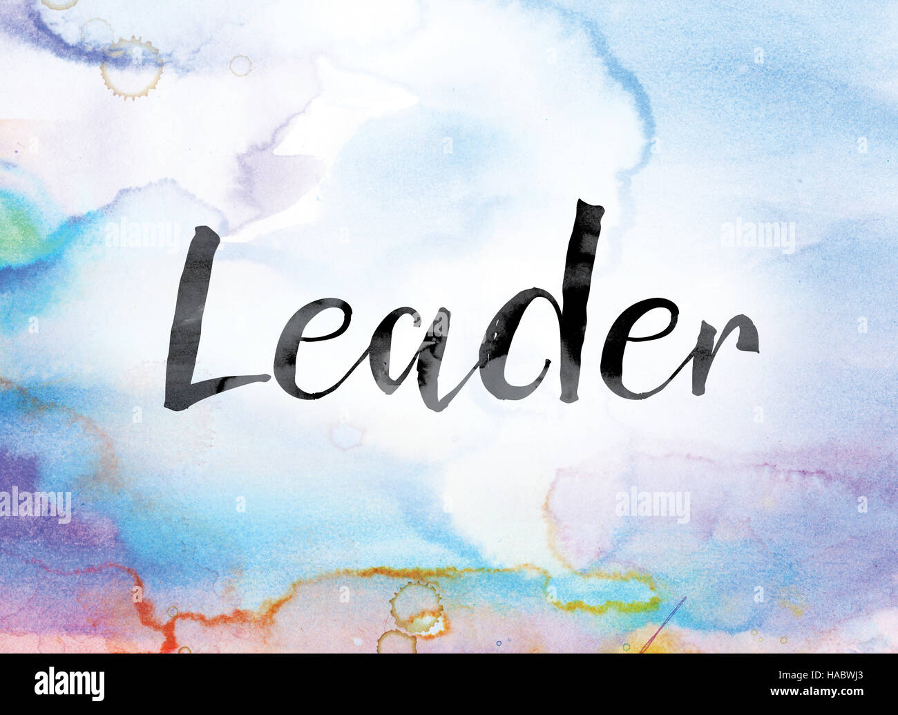 The word "Leader" painted in black ink over a colorful watercolor ...