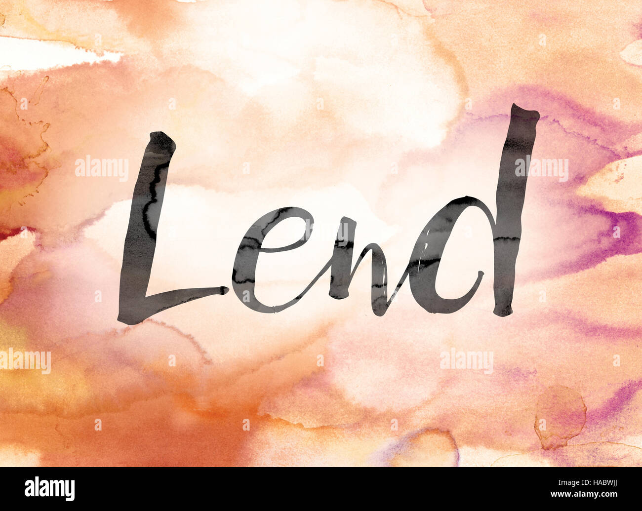 The word "Lend" painted in black ink over a colorful watercolor washed ...