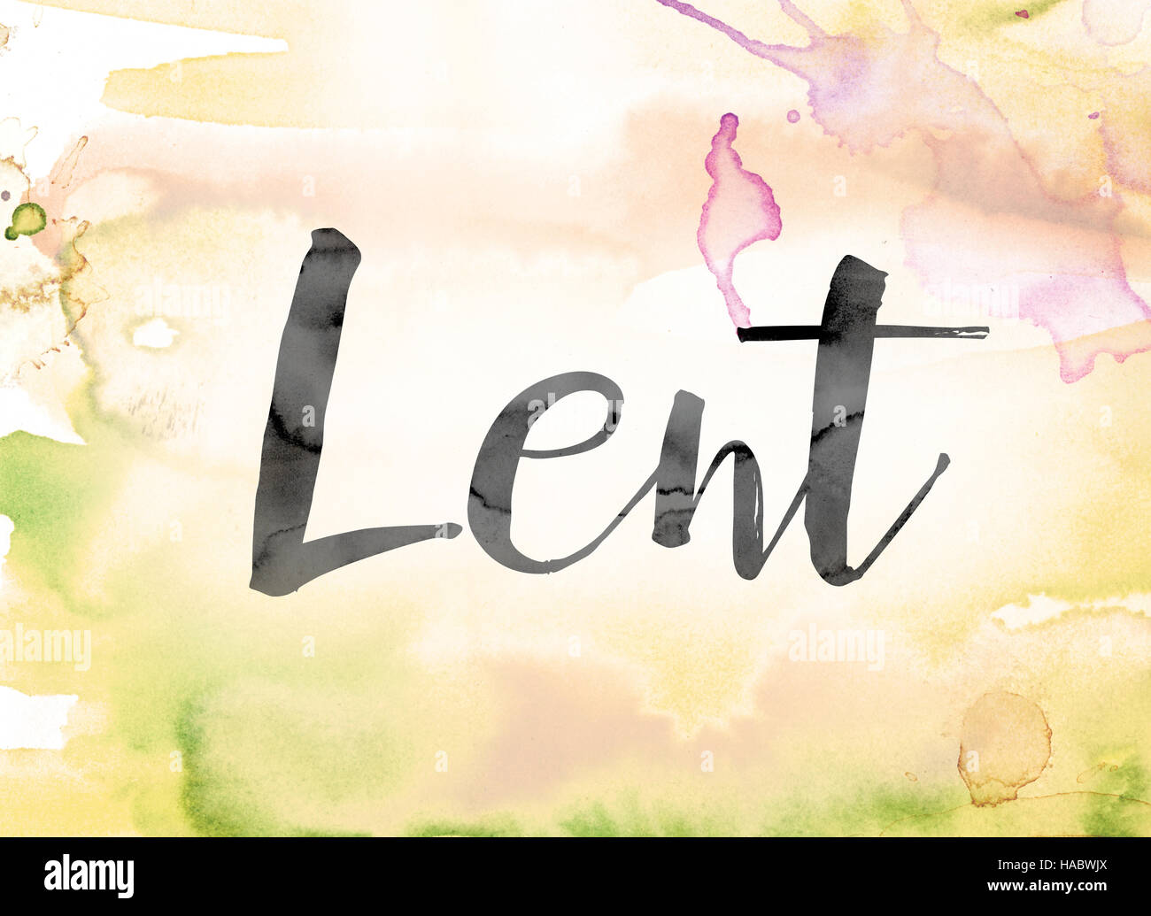 The word "Lent" painted in black ink over a colorful watercolor washed ...