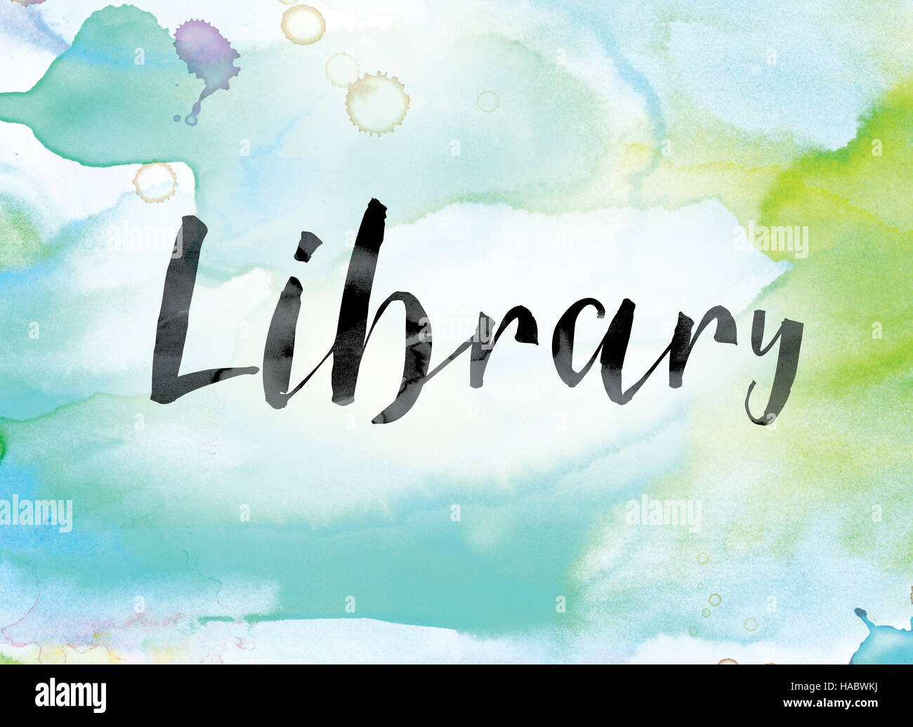 The word "Library" painted in black ink over a colorful watercolor ...