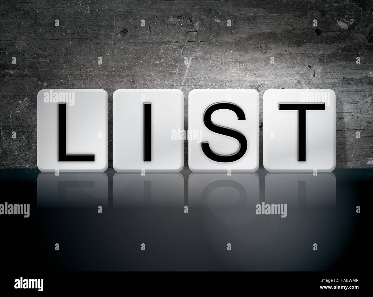 The word "List" written in white tiles against a dark vintage grunge ...