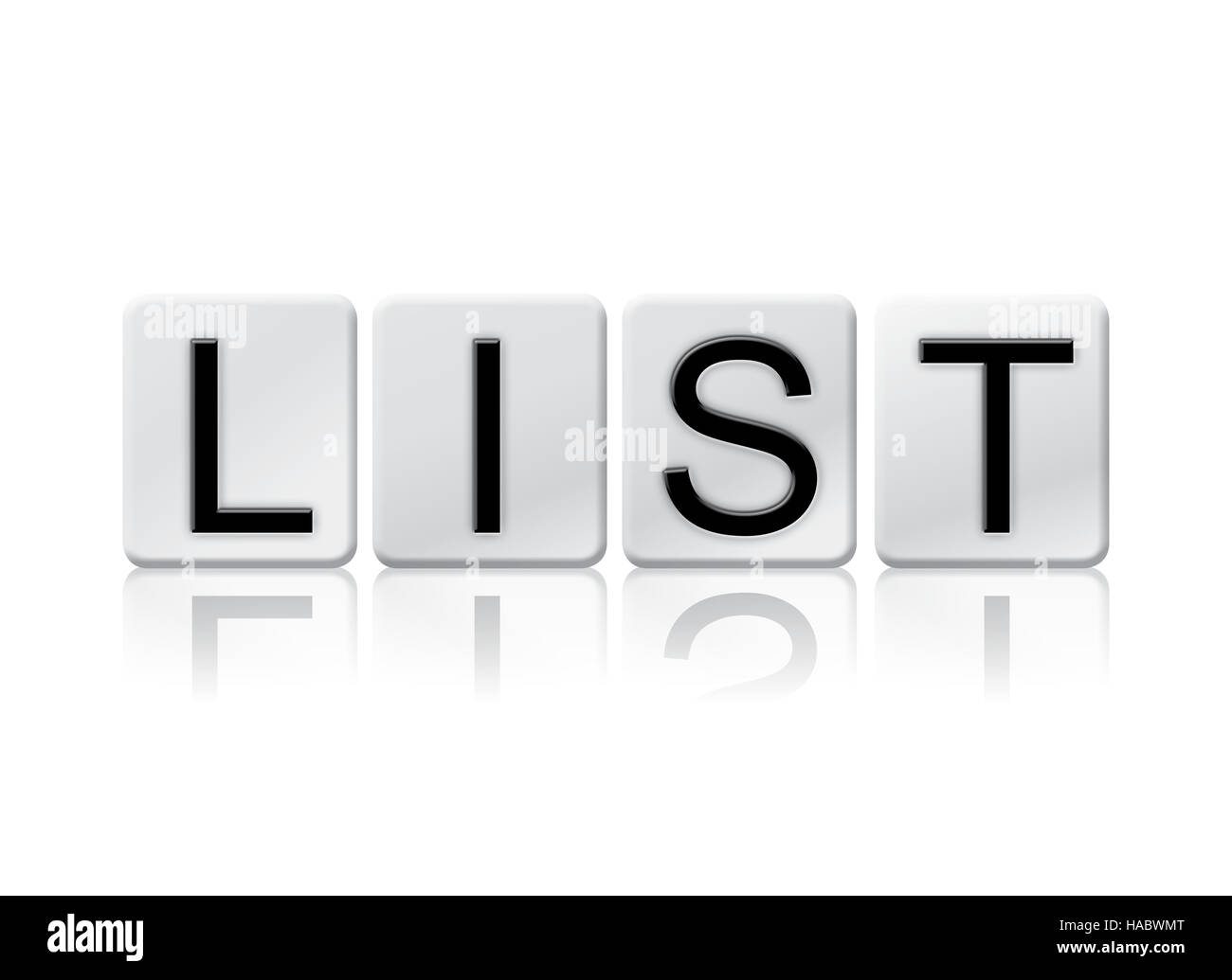 The word "List" written in tile letters isolated on a white background ...