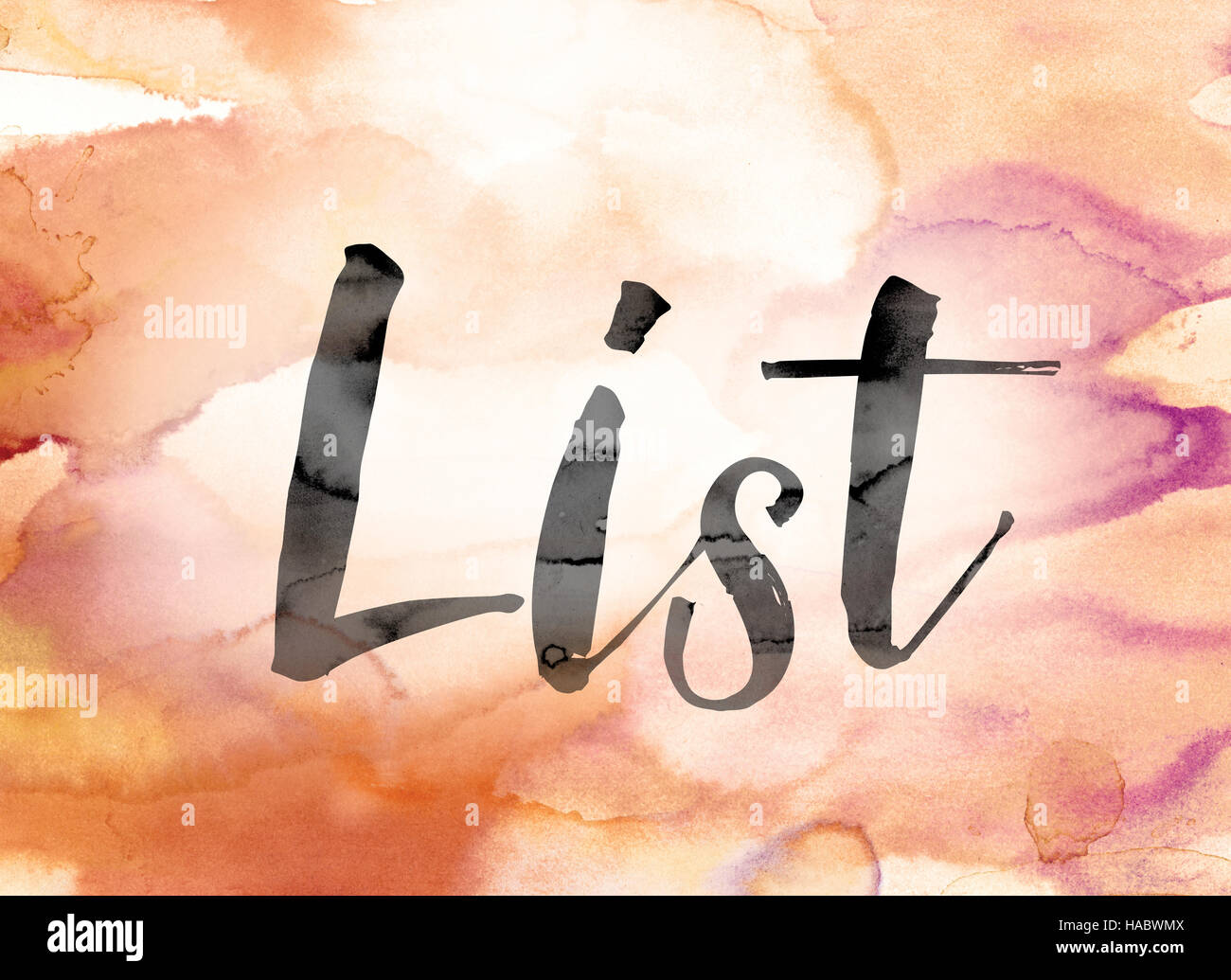 The word "List" painted in black ink over a colorful watercolor washed ...