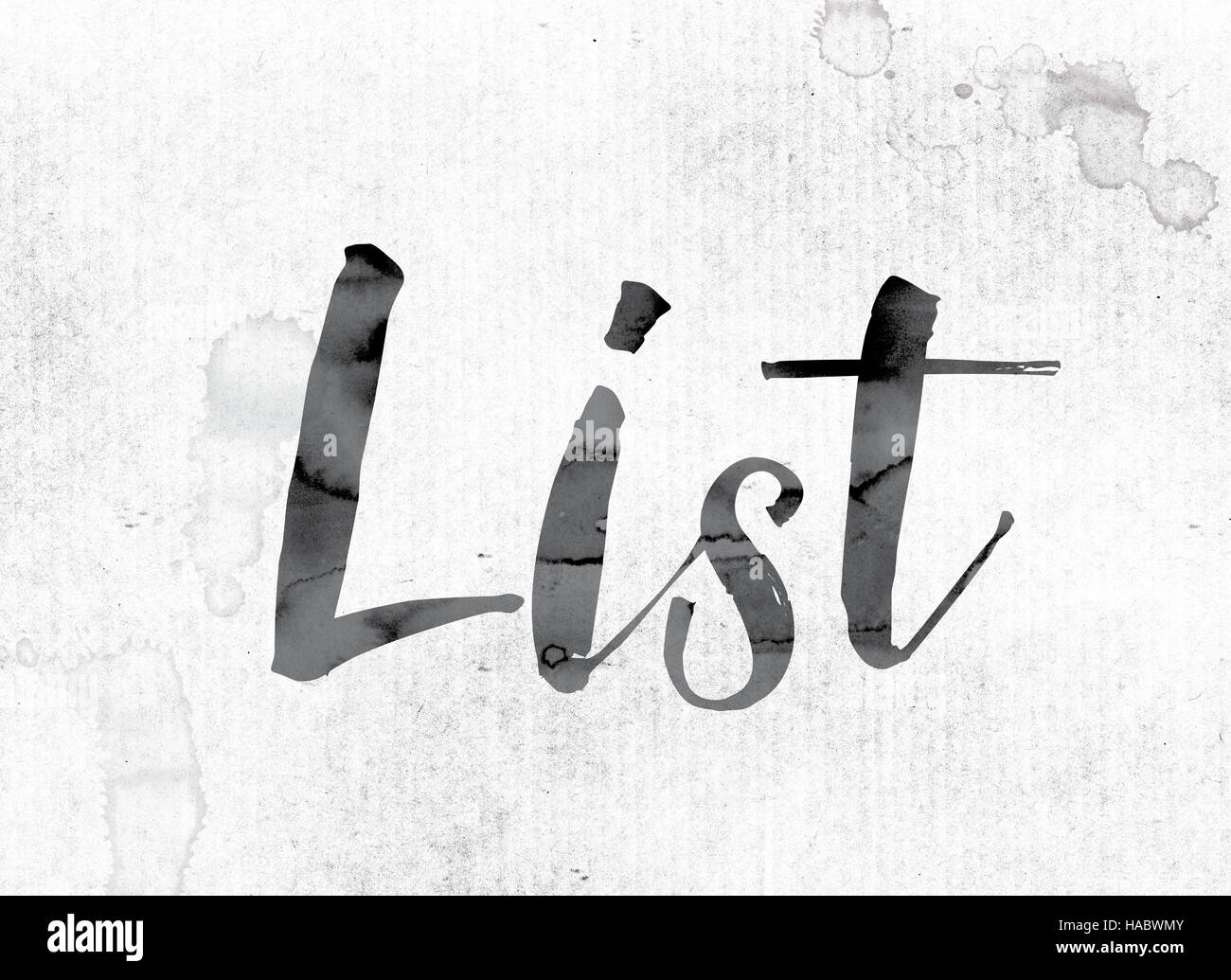 The word "List" concept and theme painted in watercolor ink on a white ...