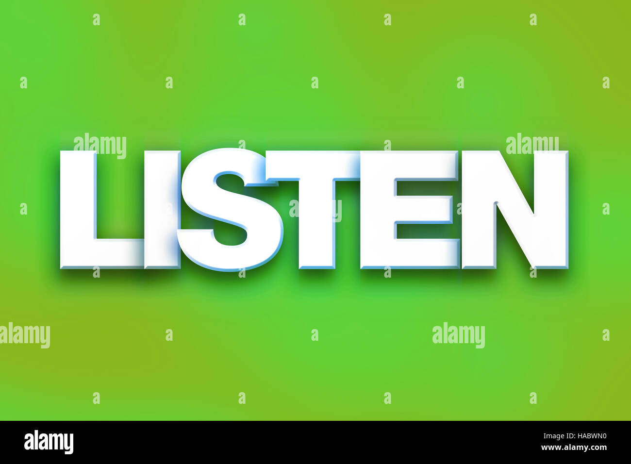 The word "Listen" written in white 3D letters on a colorful background ...