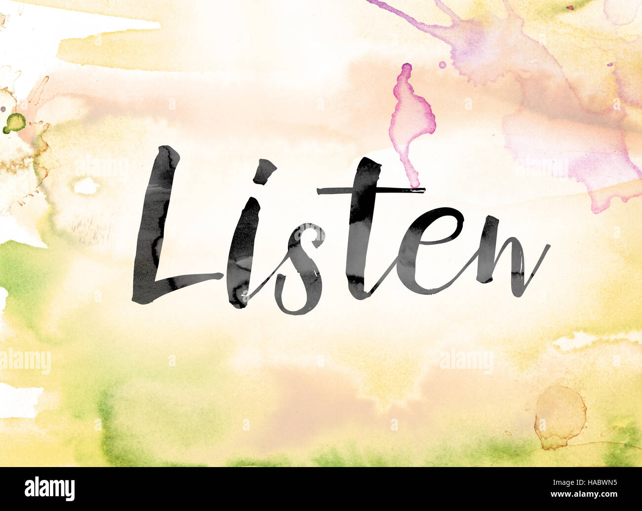 The word "Listen" painted in black ink over a colorful watercolor ...