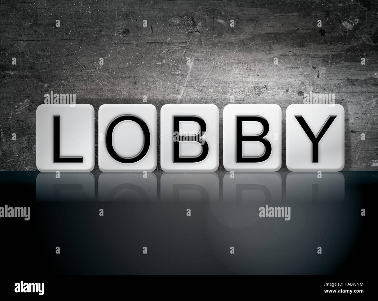 The word "Lobby" written in white tiles against a dark vintage grunge ...