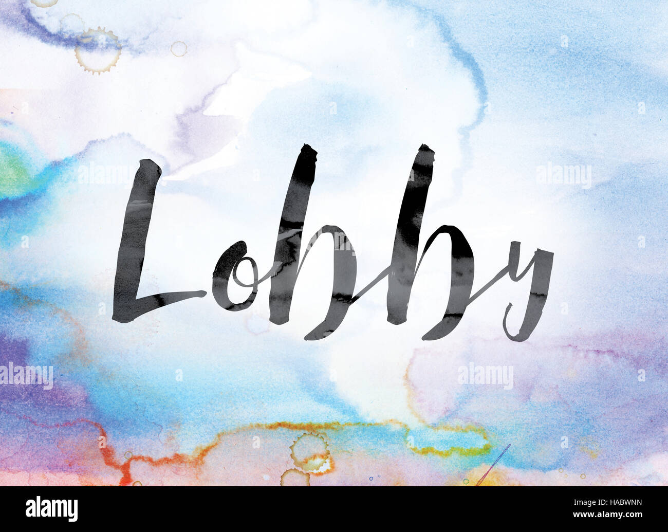 The word "Lobby" painted in black ink over a colorful watercolor washed ...