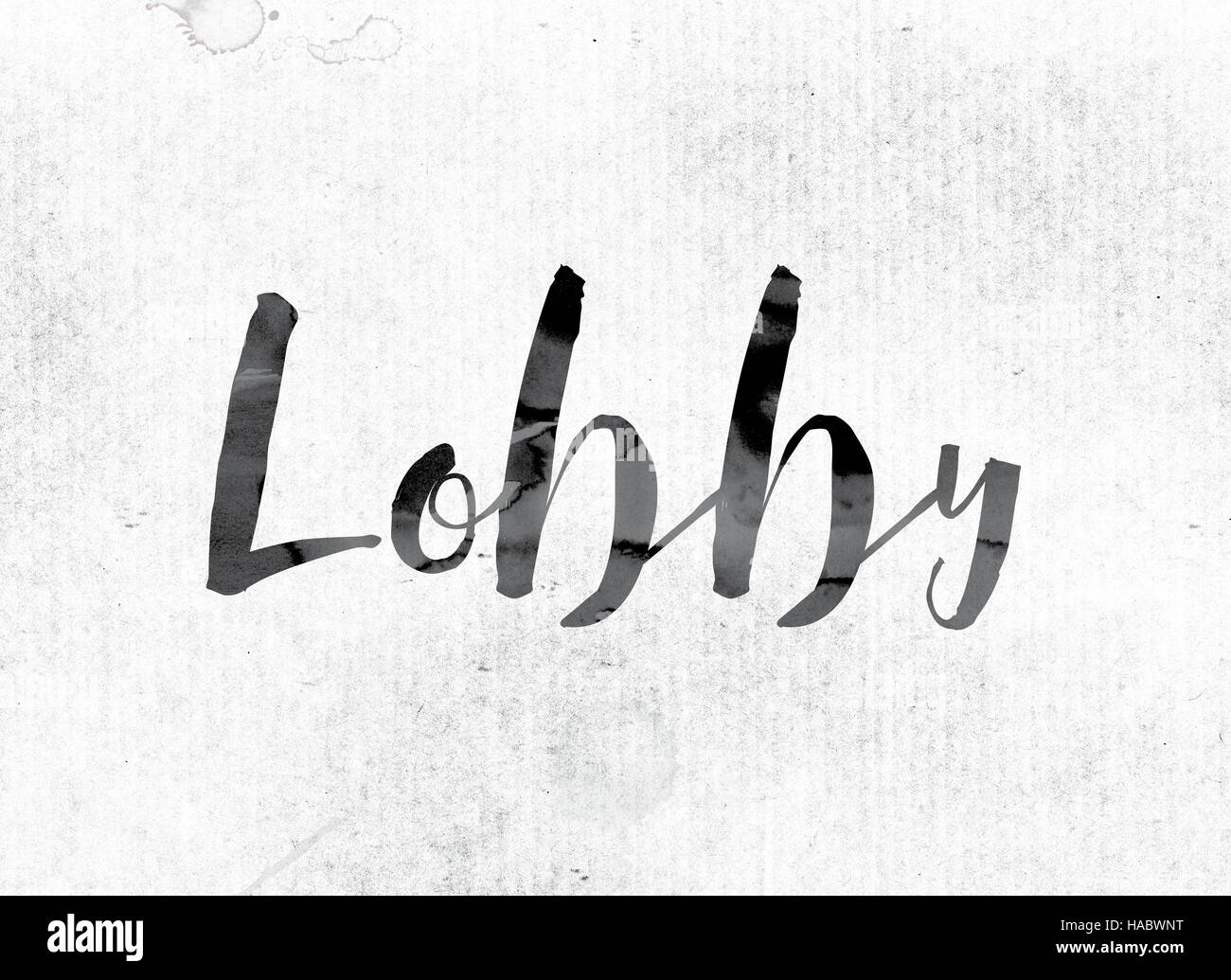 The word "Lobby" concept and theme painted in watercolor ink on a white ...