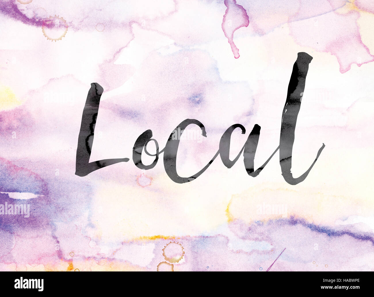 The word "Local" painted in black ink over a colorful watercolor washed ...