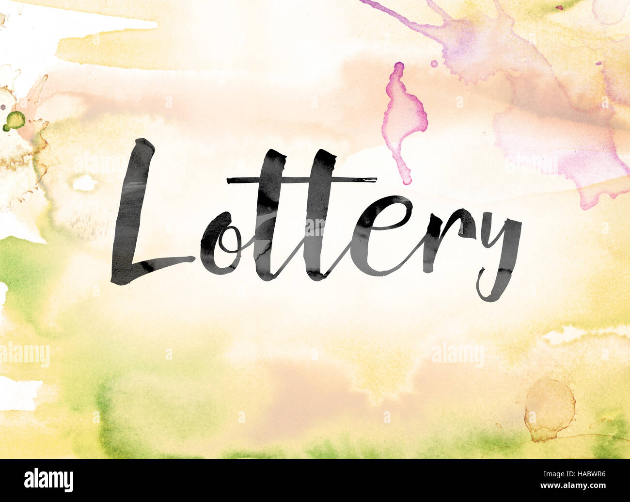 The word "Lottery" painted in black ink over a colorful watercolor ...